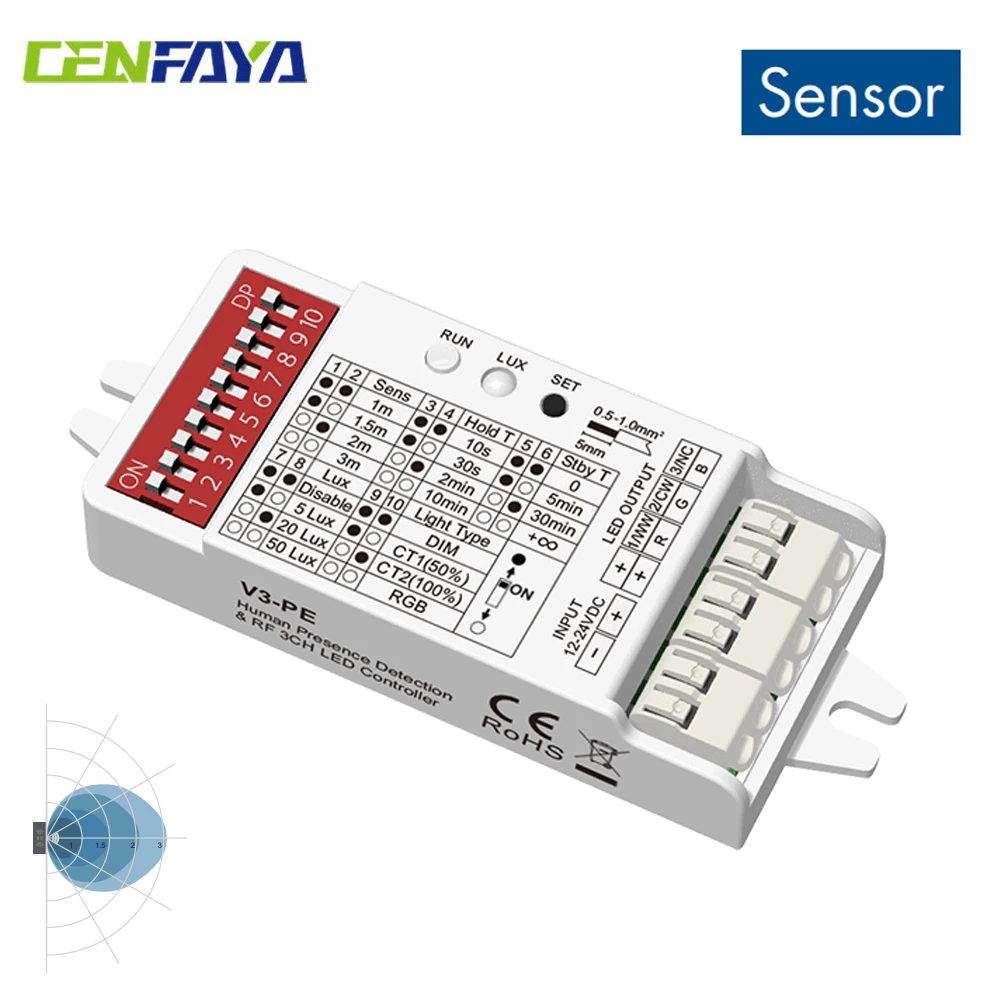 CENFAYA Microwave Human Presence Sensor RF Dimming LED Controller 3CH ...