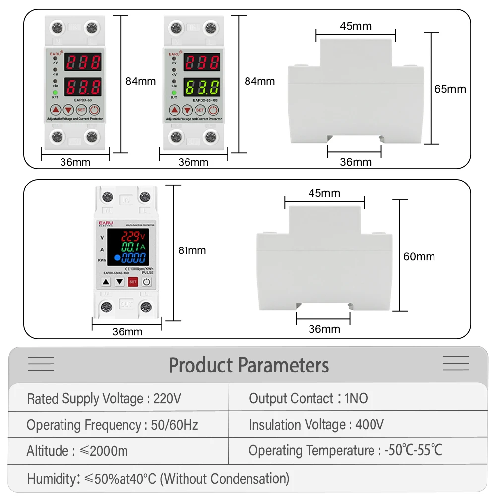 Earu EAPDX-40/63 40A 63A 230V DIN Rail Adjustable Over/Under Voltage ...