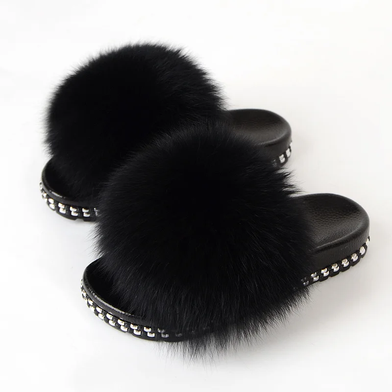 Fur Slides For Women Furry Slippers House Summer Fox Fur Sandals Ladies ...
