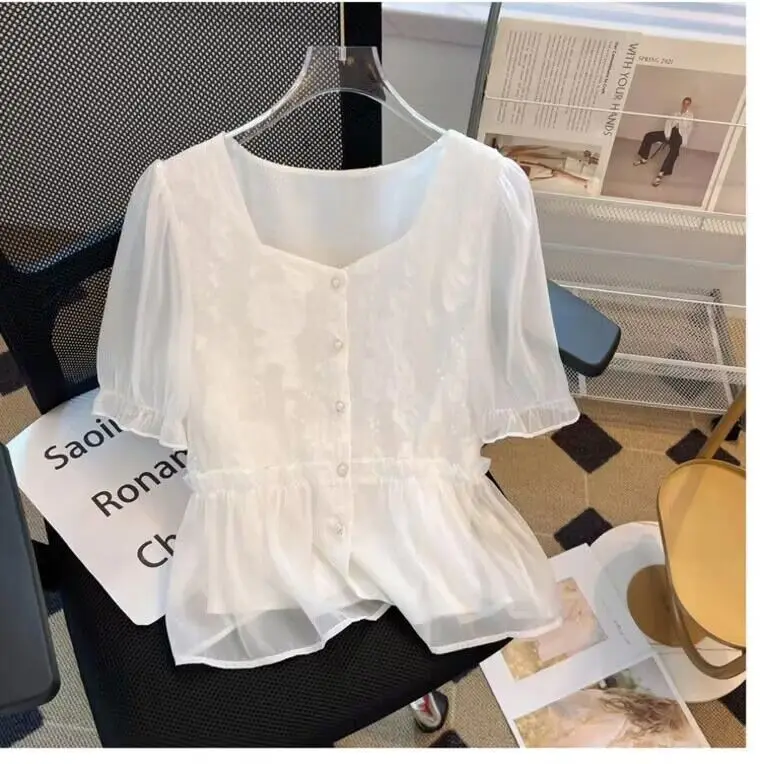 2024 Women Summer Summer New Square Collar Chiffon Shirt Female Short ...
