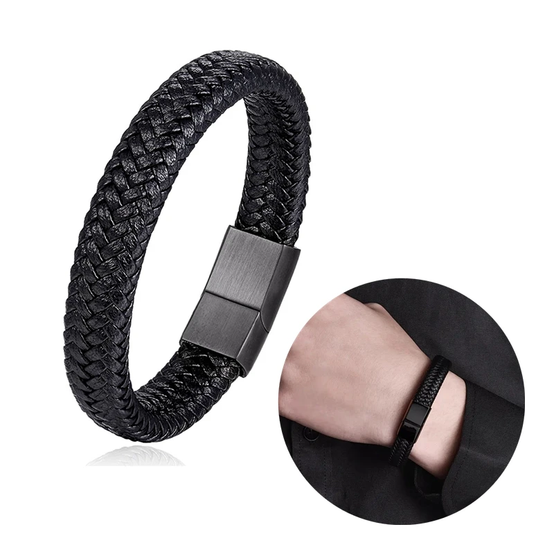 1pc Men's Classic Black Leather Bracelet Elegant Hand Jewelry Best Gift ...