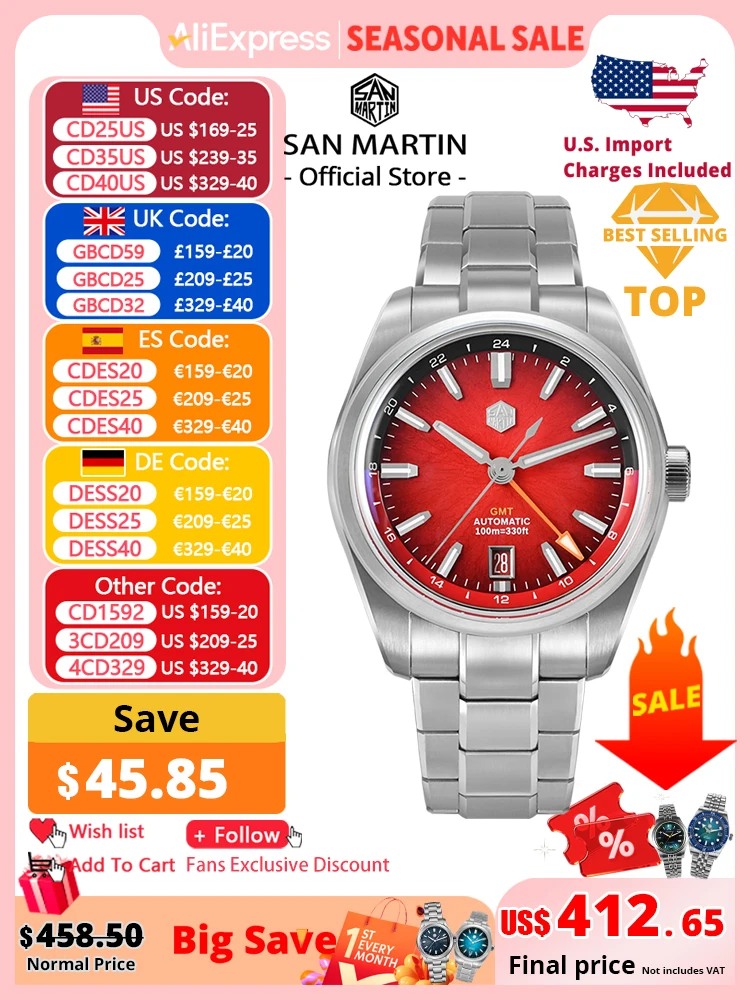 San Martin New 39mm Enamel JianZhan GMT Miyota 9075 Watch Luxury Gada ...