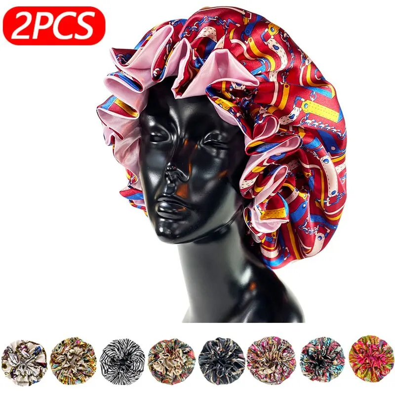 2Pcs Set Women Satin Bonnet Cap Double Layer Silky Big Bonnet For Lady ...