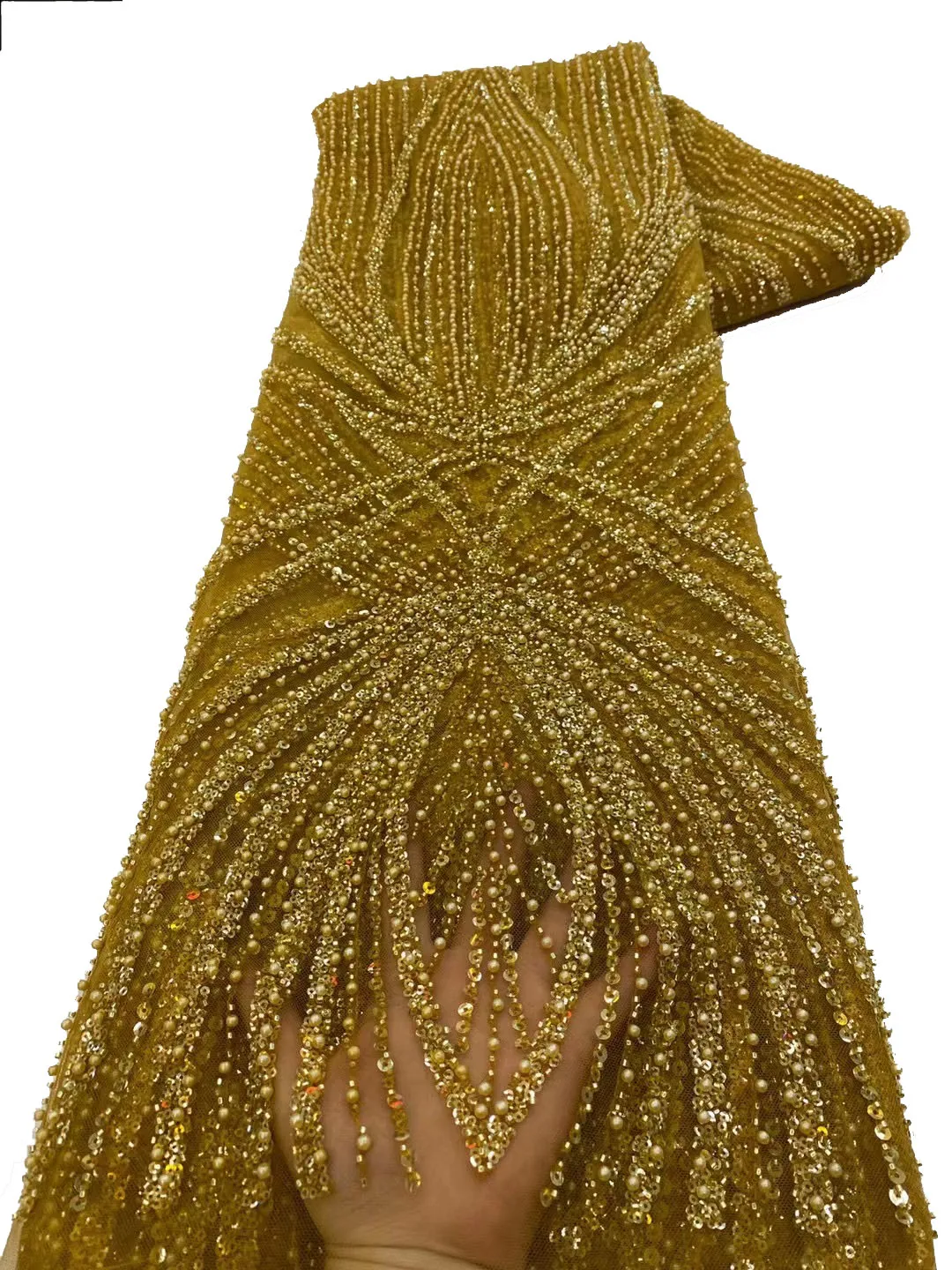 New Gold Color Latest Africa Embroidered Tulle Net Fabric Luxury Beads ...