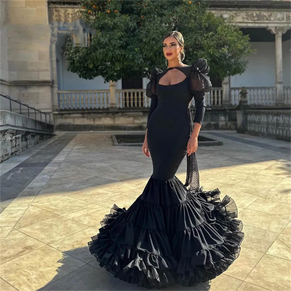 Spanish Black Flamenco Prom Gowns Polka Dot Bow Sexy Backless Long ...
