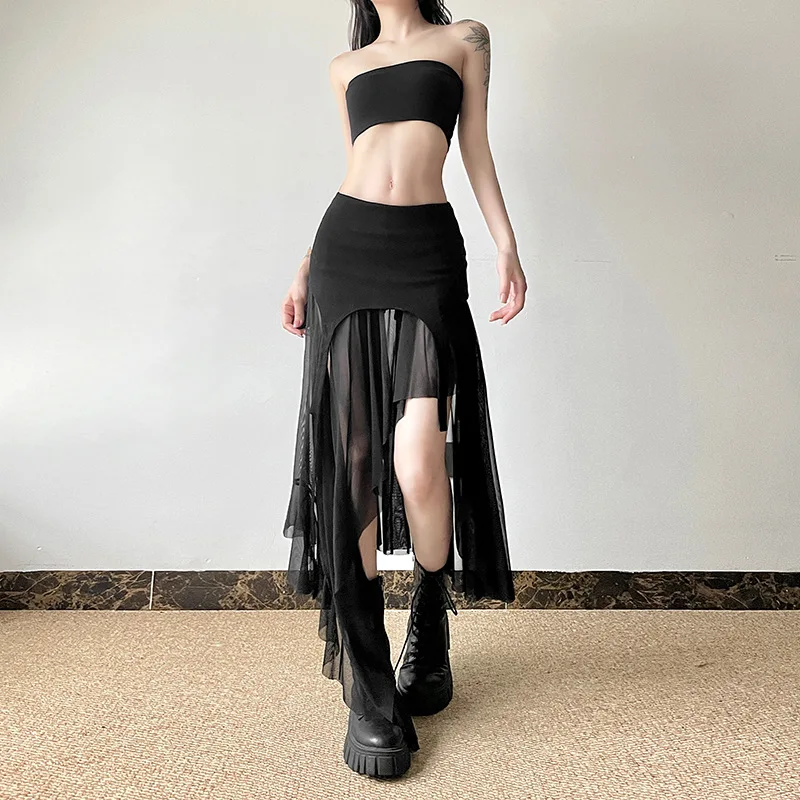 Transparent Mesh Patchwork Irregular A Line Black Skirt Y2k Women Bott ...