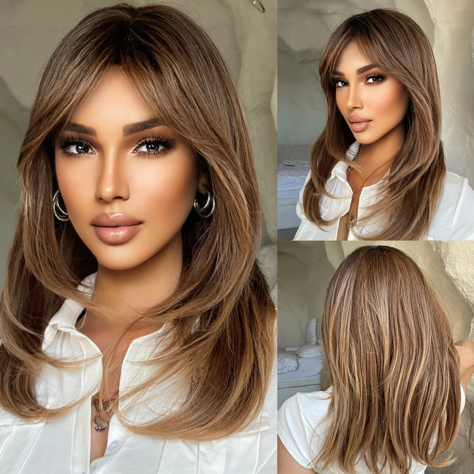 Ombre Brown Layered Synthetic Wigs With Bangs Medium Length Natural ...
