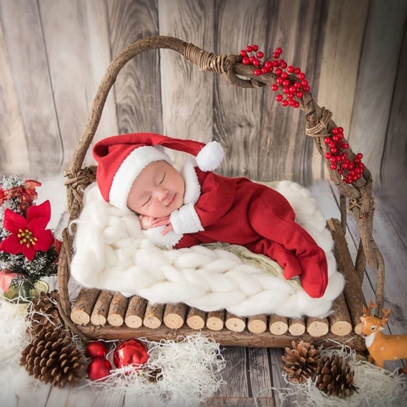 Newborn-Photo-Props-Santa-Clause-Hat-Footed-Romper-Pants-Posing-Props ...