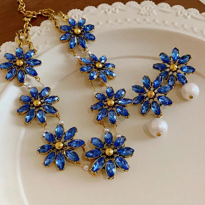 Blue-Flower-Rhinestone-Pearl-Necklace-for-Women-Occidental-Heavy ...