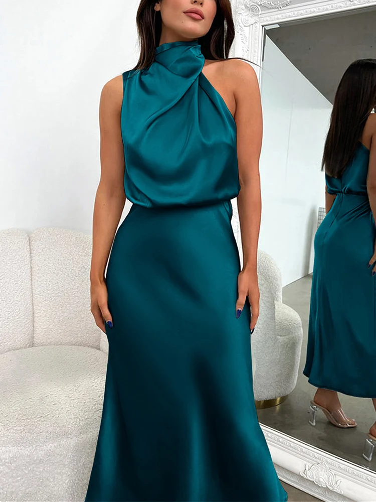 Sommer-High-End-Seide-Satin-rmelloses-Langes-Kleid-Frauen-Mode-Elegante ...
