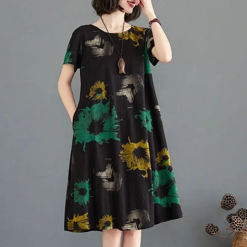 Casual Loose Floral Printed Dresses Summer Stylish Short Sleeve Women's ...