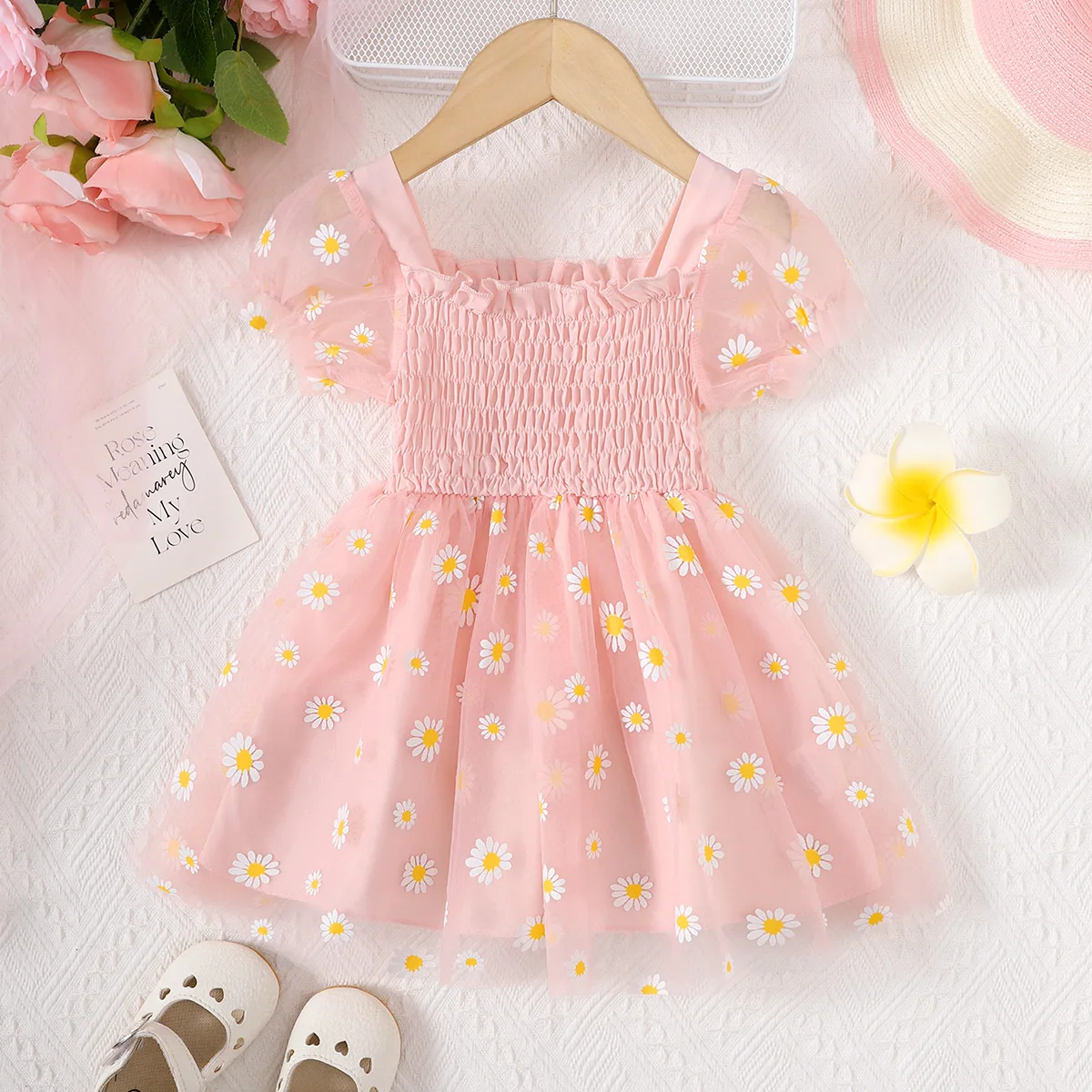 Girls Daisy Print Tulle Dress Fresh Sweet Element Style Children's ...