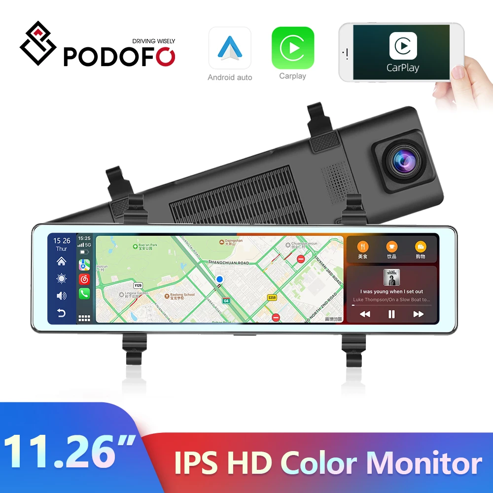 Podofo 11.26 Inch Dvr Carplay & Android Auto Dash Cam Rearview Camera ...