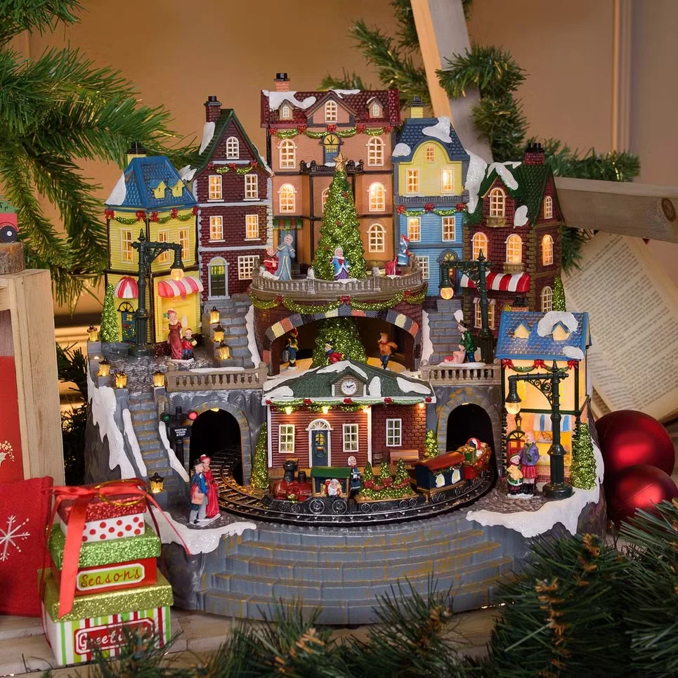 Christmas-Village-Station-with-Moving-Train-and-Rotating-Christmas-Tree ...