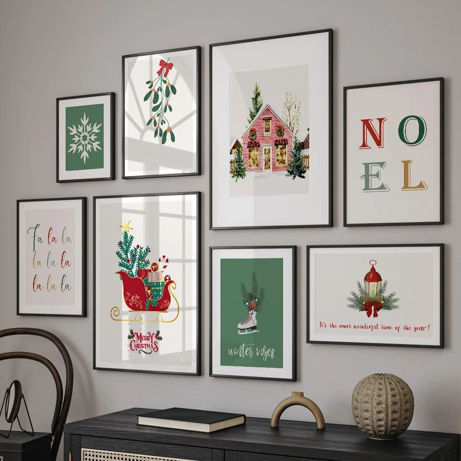 Merry Christmas Gallery Wall Set Red Car House Sleigh Pine Winter ...