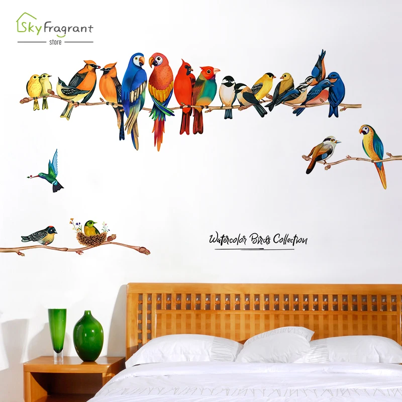 Colorful-Birds-Wall-Stickers-For-Living-Rooms-Bedroom-Background-Home ...