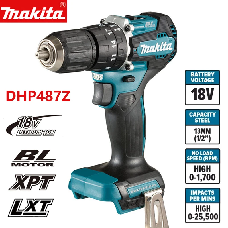 Makita-DHP487Z DHP487 무선 해머 드라이버 드릴 18V LXT, 브러시리스 모터 임팩트 전기 스크루 드라이버 ...