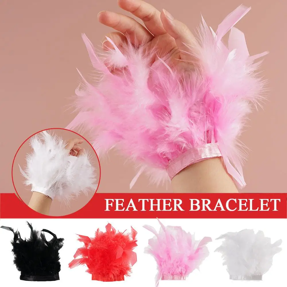 Women Natural Fur Feather Cuffs Sexy Snap On Bracelet Arm Cuff Shirts ...