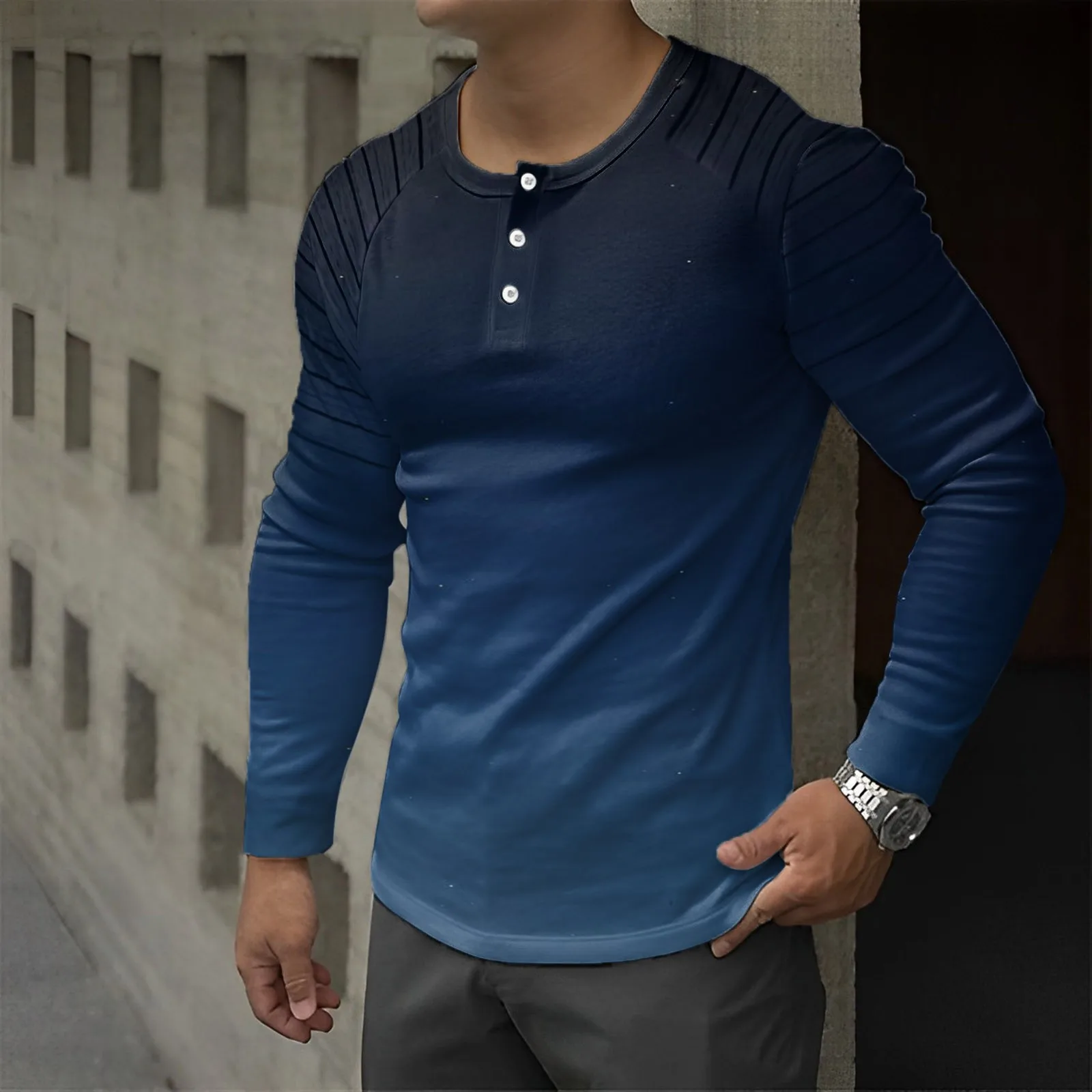 Ver-o-Mens-T-shirts-Gradiente-Impress-o-Rodada-Pesado-Bot-o-Magro-Manga ...