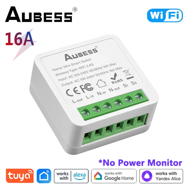 Aubess Tuya 16A Mini WiFi Smart Switch Remote Power Monitor Automation ...