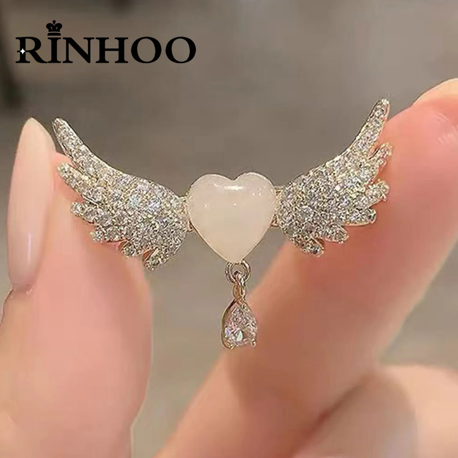 Rinhoo Korean Rhinestone Angel Wings Opal Love Heart Brooches for Women Personality Waterdrop ...
