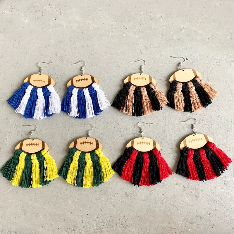 American-Football-Cheerleading-Wooden-Earrings-Tassel-Weave-Personality ...
