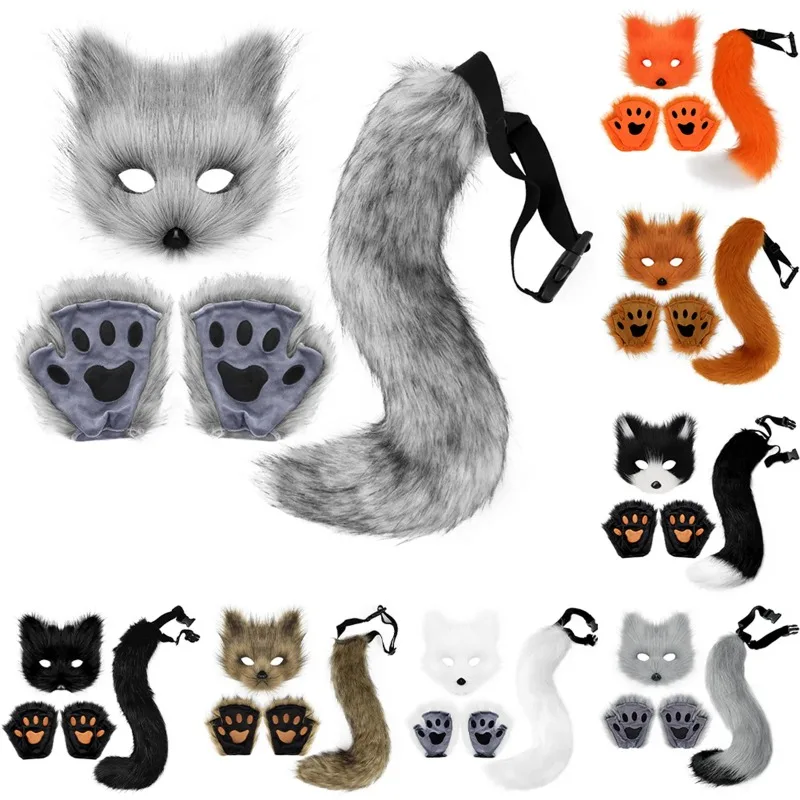 Fluffy-Fur-Fox-Tail-Cat-Paws-Gloves-Wolf-Mask-Set-Halloween-Cosplay ...