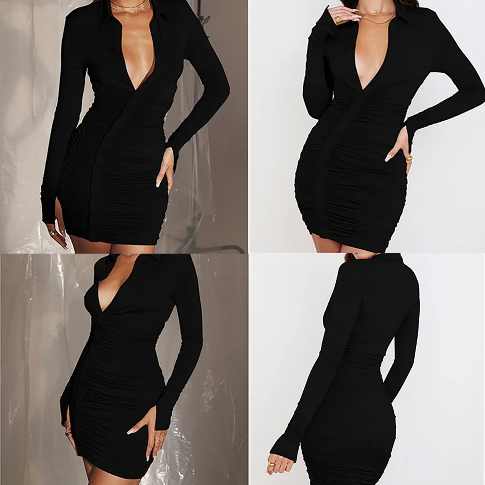Sexy Fashion Pleated Cardigan Long Sleeved Shirt Mini Dress
