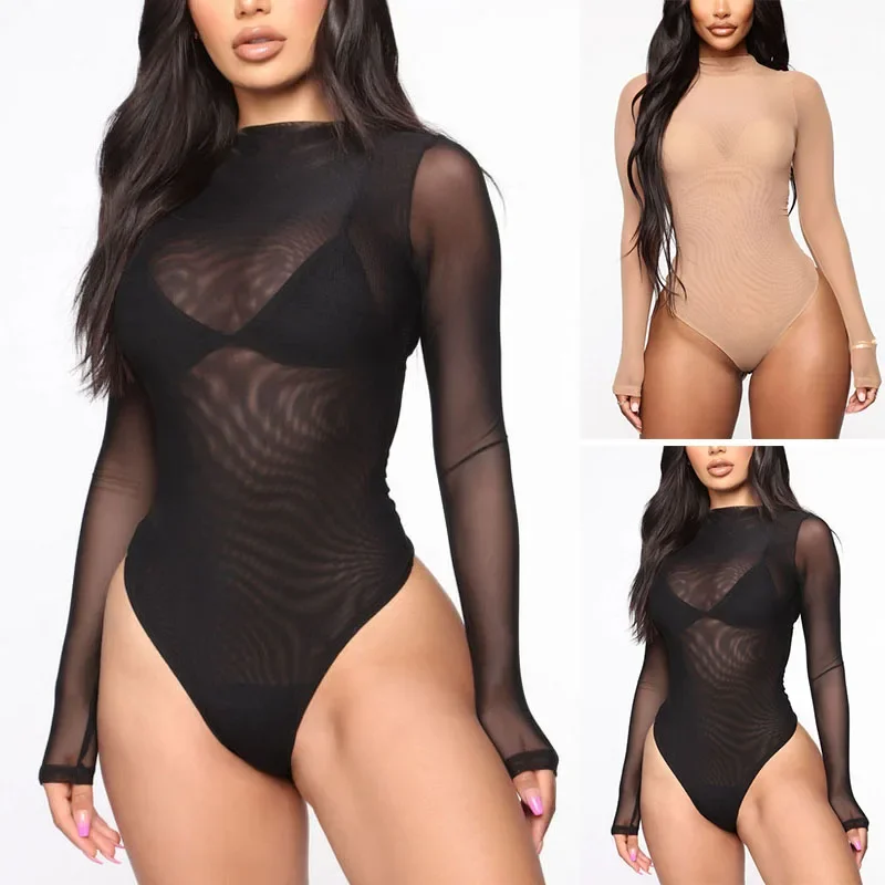 Sexy-Mesh-See-Through-Bodysuit-Women-Long-Sleeve-Sheer-Bodysuits-High-Neck-Bodycon-Jumpsuit-See ...