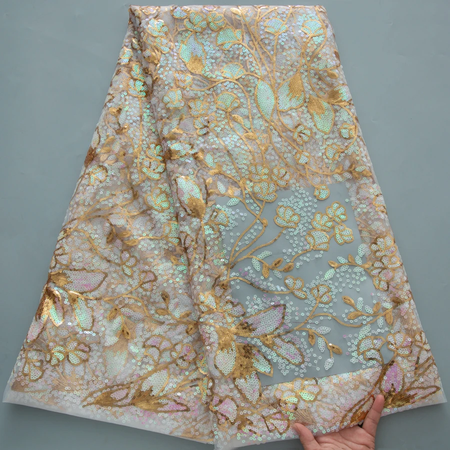 Premium French Net Lace Fabric with Delicate Gold Floral Embroidery on ...