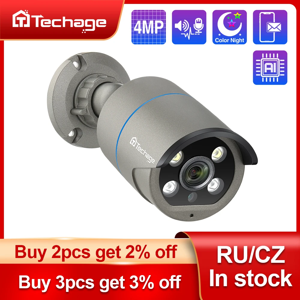 Techage 4MP 48V POE IP Camera H.265 Two Way Audio IR Outdoor Waterproof ...