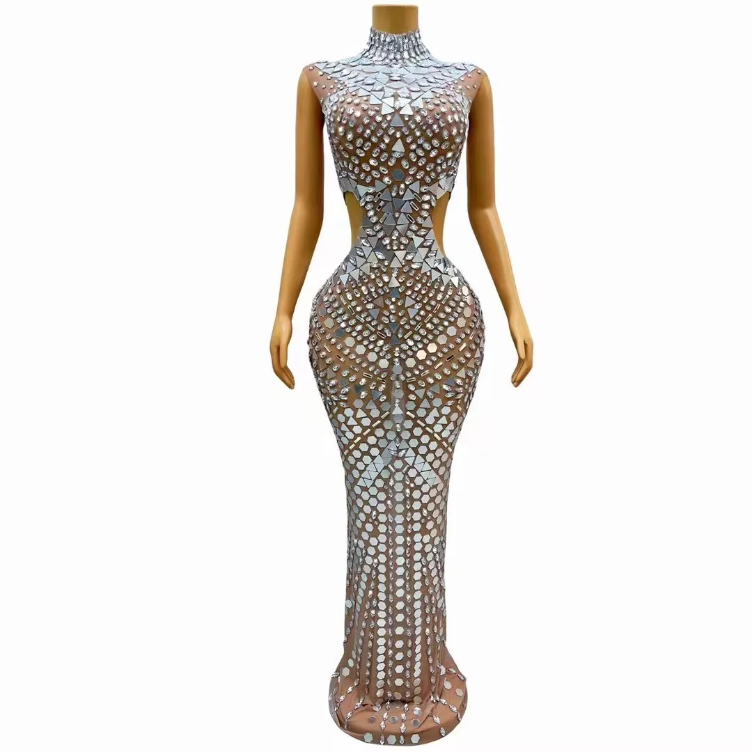 Sexy-Stage-Silver-Mirrors-Rhinestones-Hollow-Waist-Dress-Transparent ...