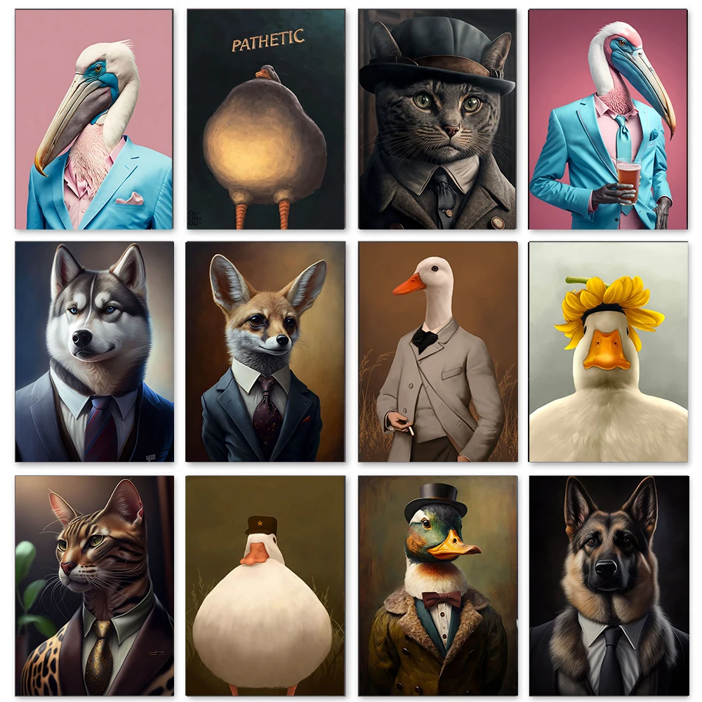Abstract-Personification-Suit-Animals-Prints-Poster-Canvas-Painting-Hd ...