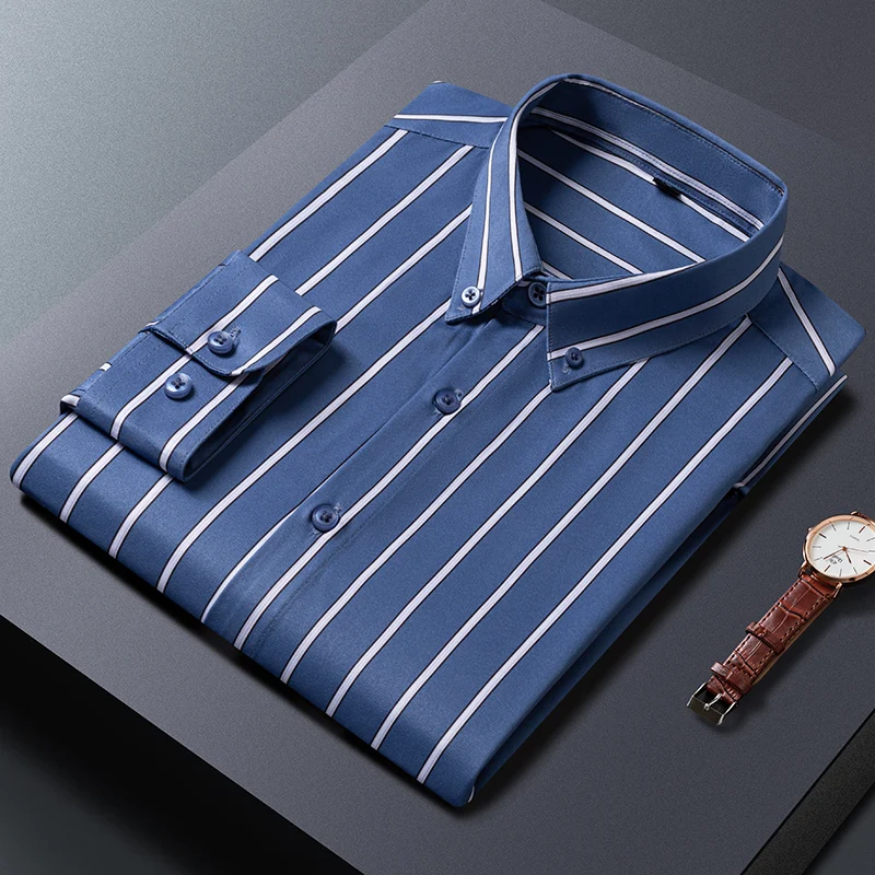 Mens Striped Shirts Korean Fashion Business Formal Wear Long Sleeve Men ...