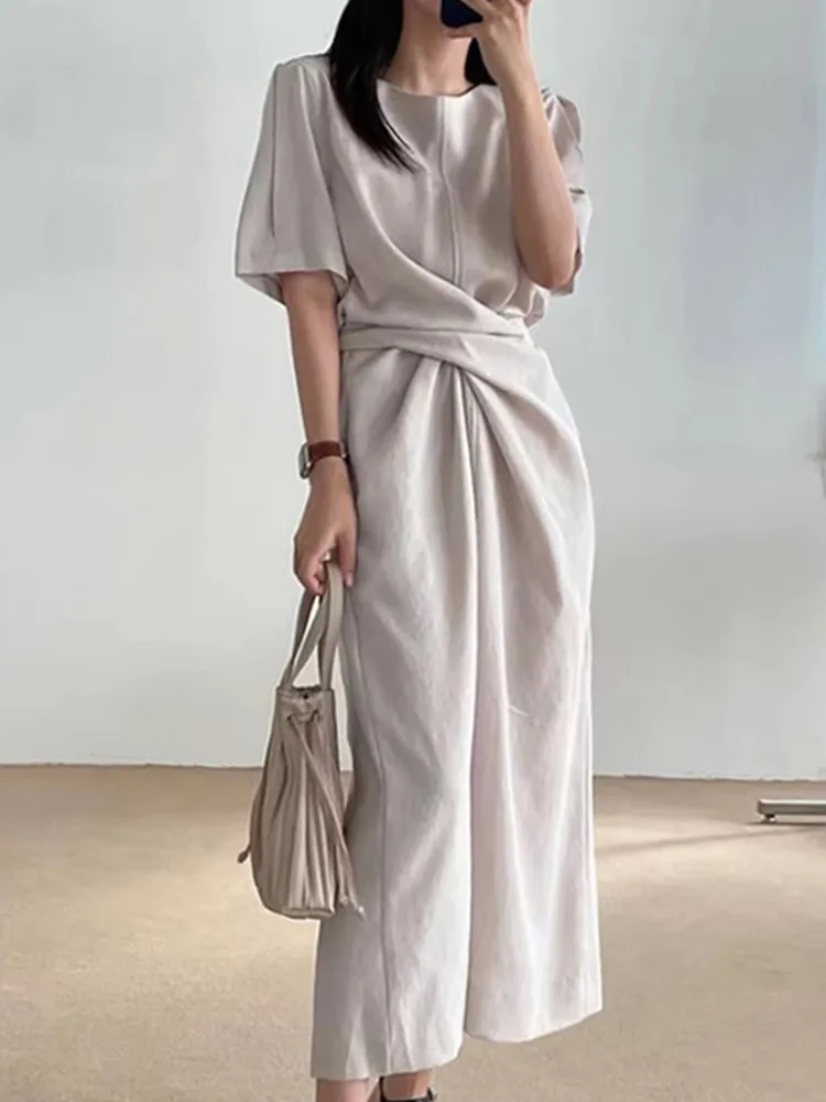 Bandage Gathered Wait Dress For Women Round Neck Short Sleeved Solid ...