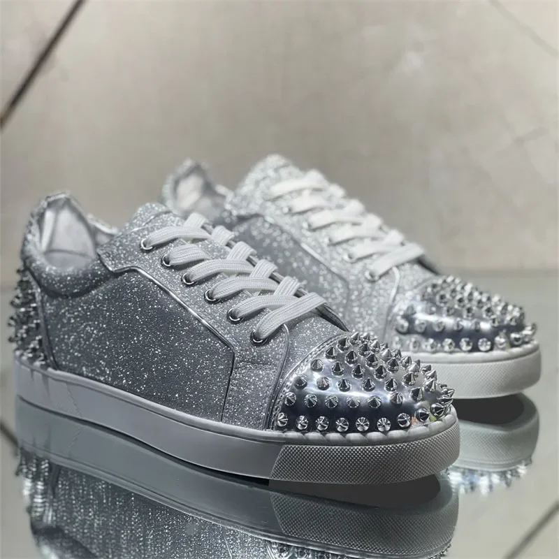 Fashion-Luxury-Brands-Red-Bottom-Low-Top-Silver-Crystal-Rivet-Shoes-For ...