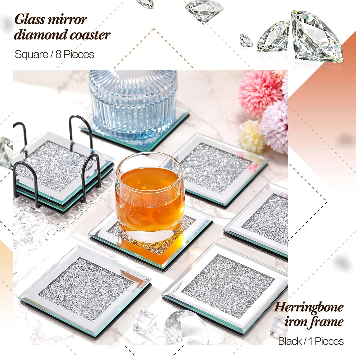 4pcs Glass Mirrored Coaster Tea Cup Mat Crushed Diamond Cup Pad Coffee ...