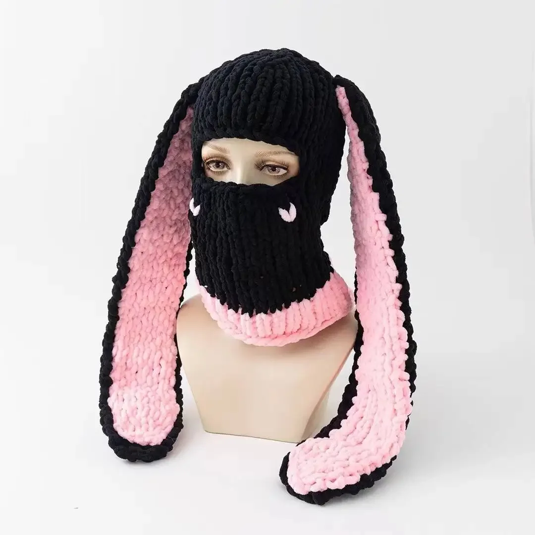 Y2K Long Rabbit Ear Funny Balaclava Hat Winter Thicken Warm Hand Made ...