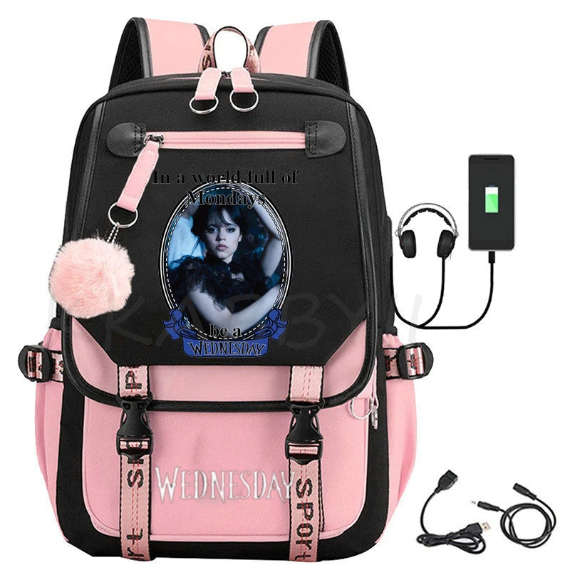 Wednesday Addams Cosplay Backpack Usb Charge Laptop Big School Bags ...