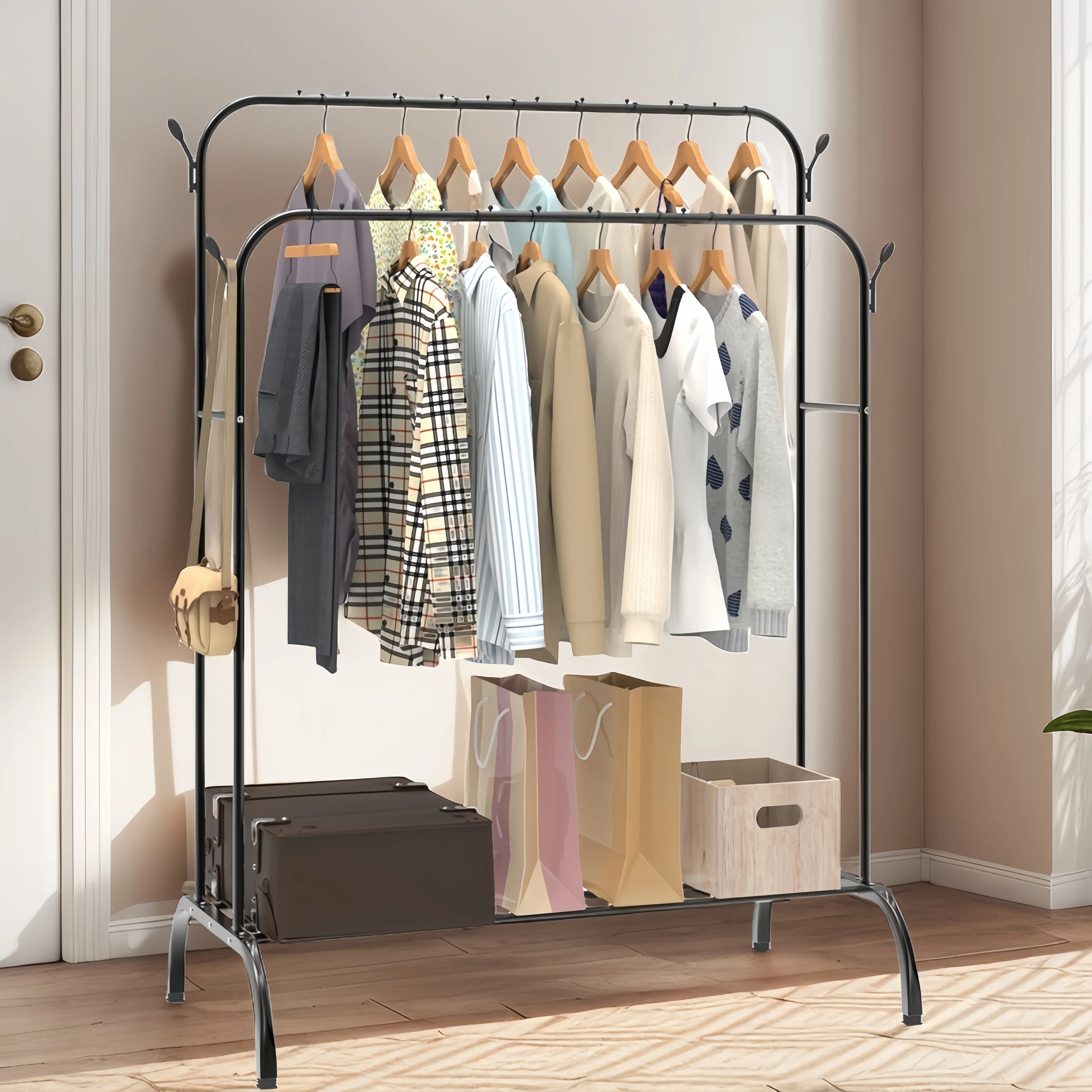 Double-track, double-rod storage rack, coat hanger, adult and children ...