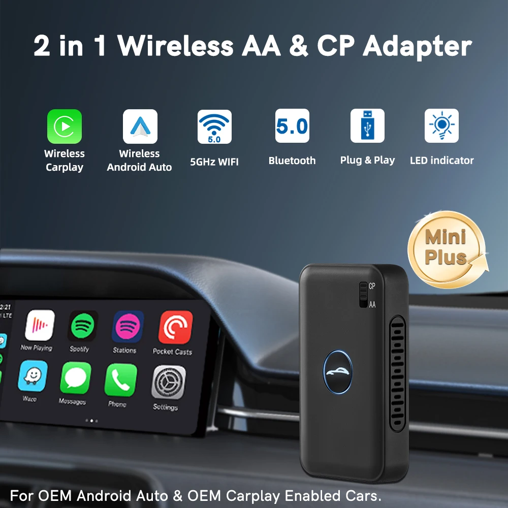 LED Mini 2in1 Wireless Carplay&Android Auto Adapter for Car Play Wired ...