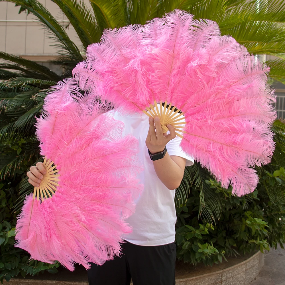 70cmx40cm Pink Natural Ostrich Feather Fan Hand Held Dance Folding ...