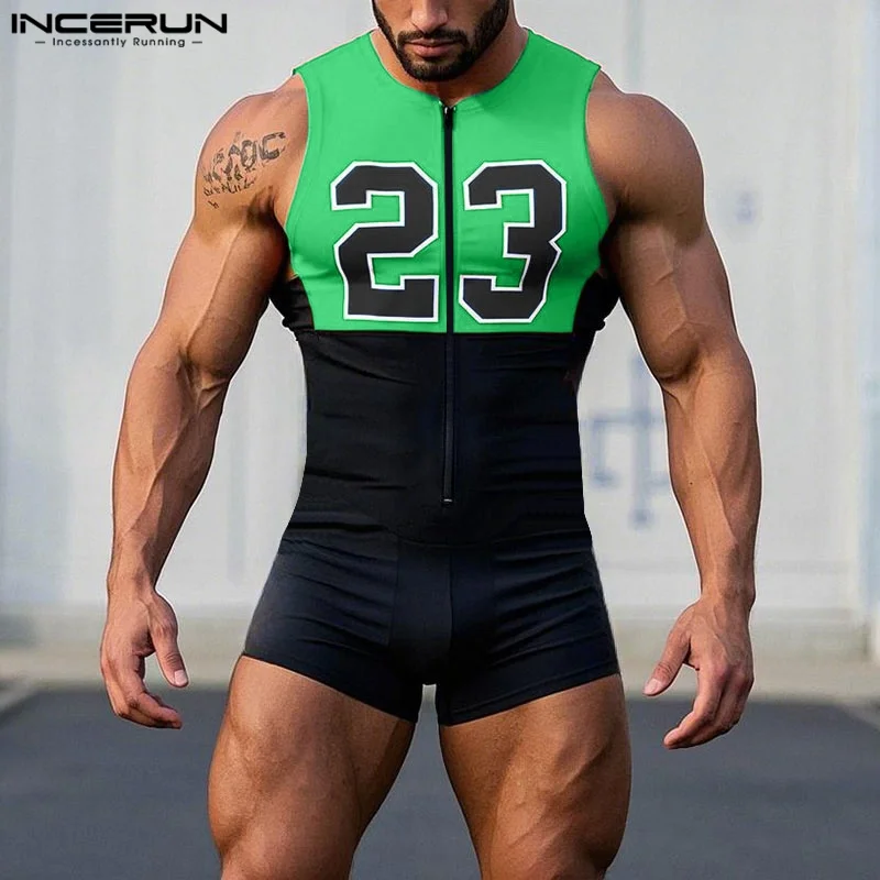 INCERUN Men Bodysuits Printing Patchwork Zipper Skinny Playsuits ...