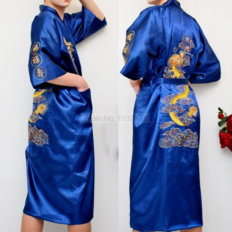 Navy Blue Chinese Men Silk Satin Robe Novelty Traditional Embroidery ...