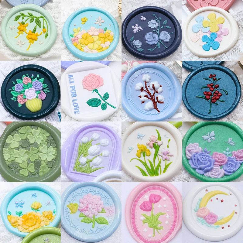 3D-Embossed-Wax-Seal-Stamp-Relief-Flowers-Plants-Four-Leaf-Clover ...