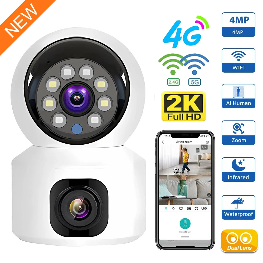 Cartão SIM 4G Câmera Interior Dual Lens Mini Câmera IP 2K 4MP WIFI ...