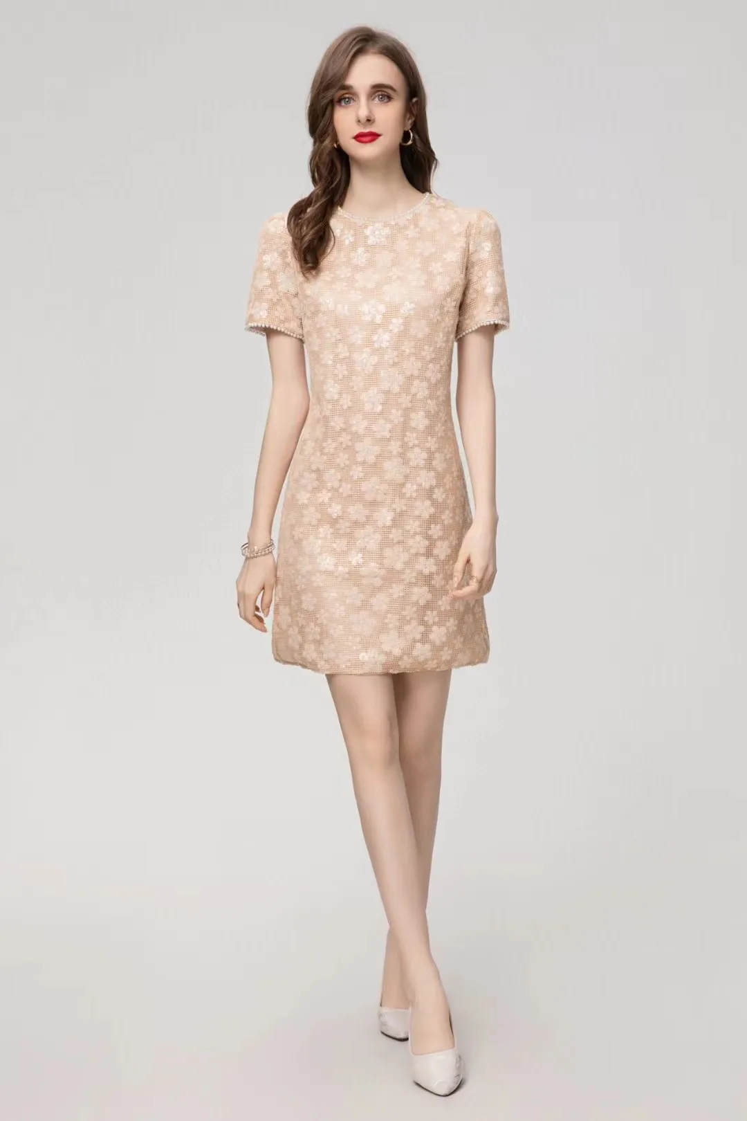 Women-s-Short-Round-Neck-Dress-Heavy-Sequins-Waist-Dress-Short-Sleeve ...