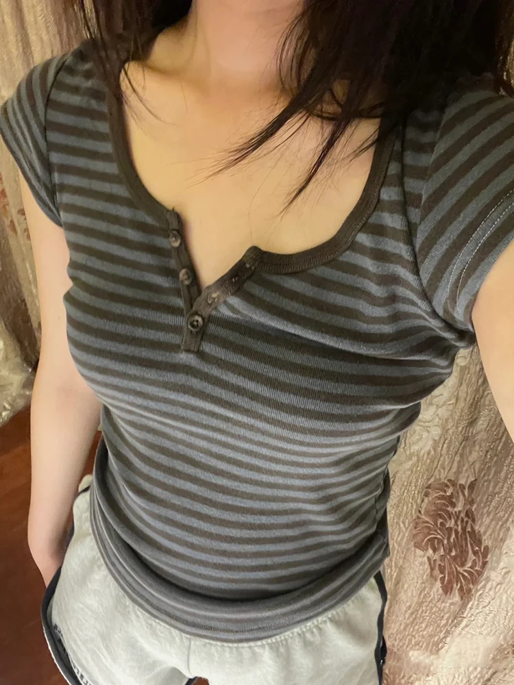 Vintage Slim Striped Button Tees Women Casual Round Neck Summer Short ...