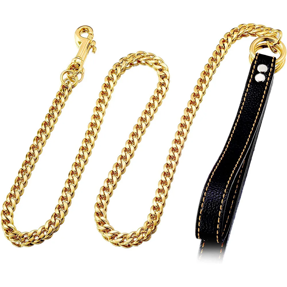 Strong-Stainless-Steel-Gold-Chain-Dog-Leash-with-Leather-Handle-Pet-18K ...