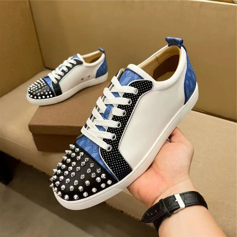 White-Blue-Leather-Lace-up-Rivets-Mens-Shoes-Silver-Spikes-Rubber-Sole ...